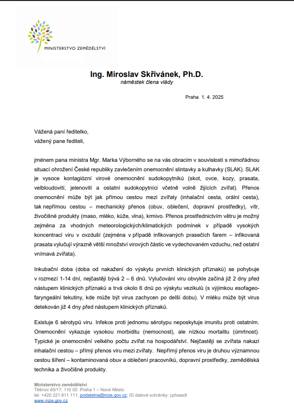 Dopis ministerstva zemědělství – SLAK – SOŠ veterinární, Hradec Králové – Kukleny